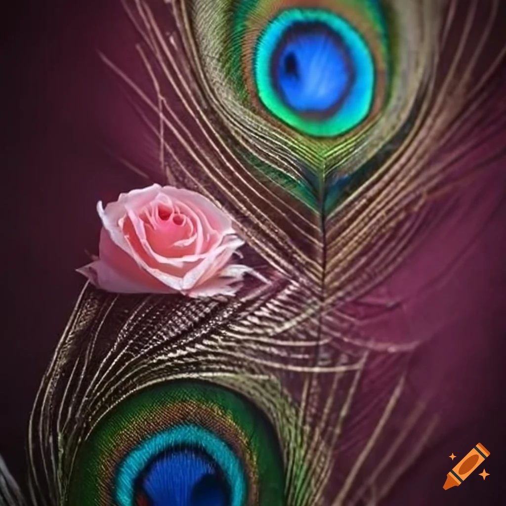 Peacock feather, albino peacock feather, and pink rose on Craiyon