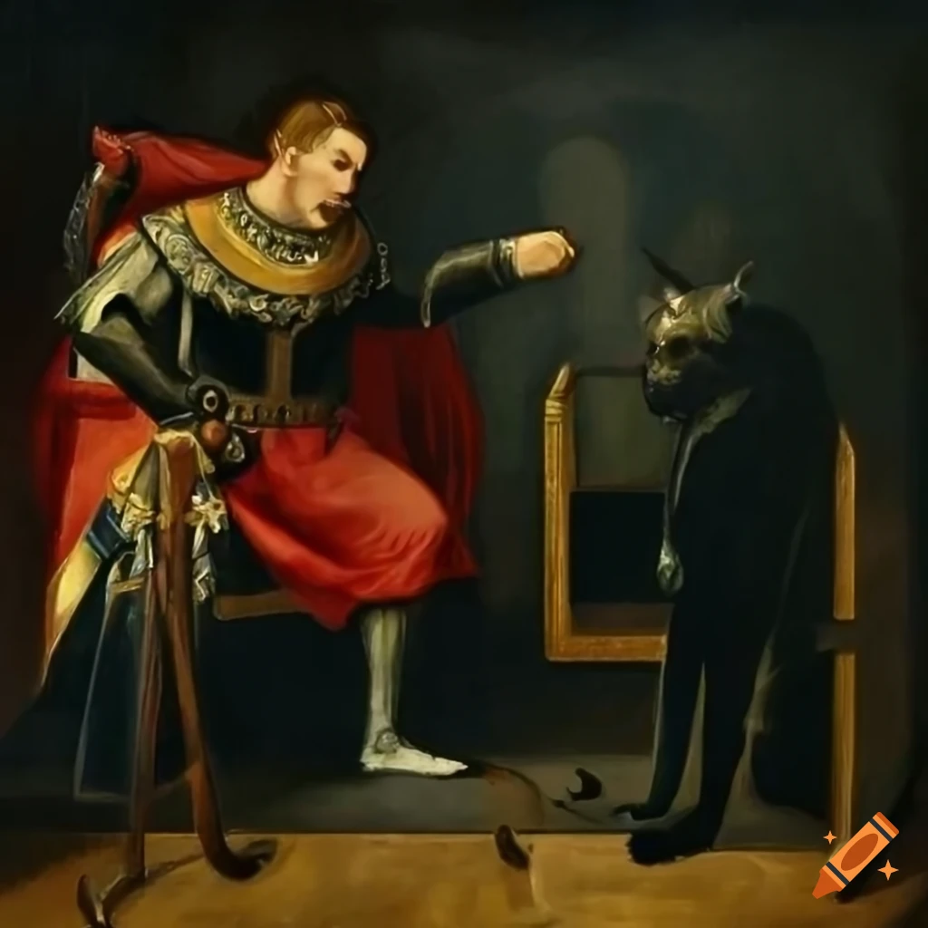 Renaissance style painting of a king and a black cat on Craiyon
