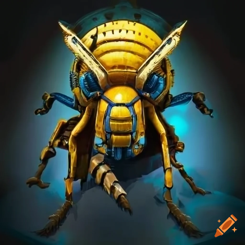 Angry wild technoid steampunk hornet in yellow and blue colors on Craiyon
