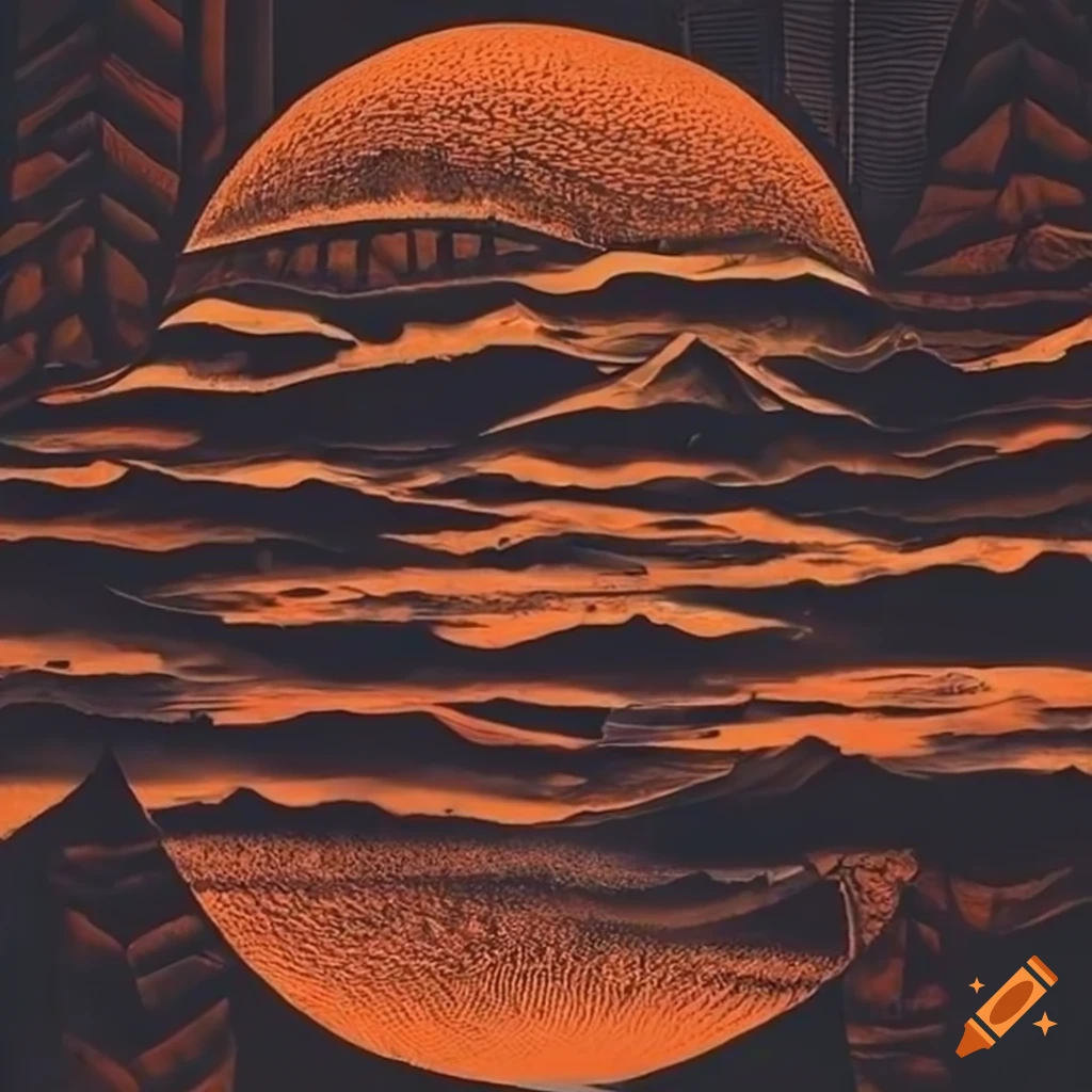 Subtly illuminated fantastical orange landscape with geometric patterns ...