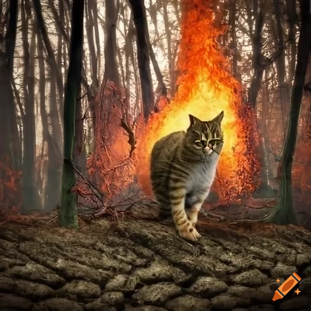 War scene with cat in a forest with explosions on Craiyon