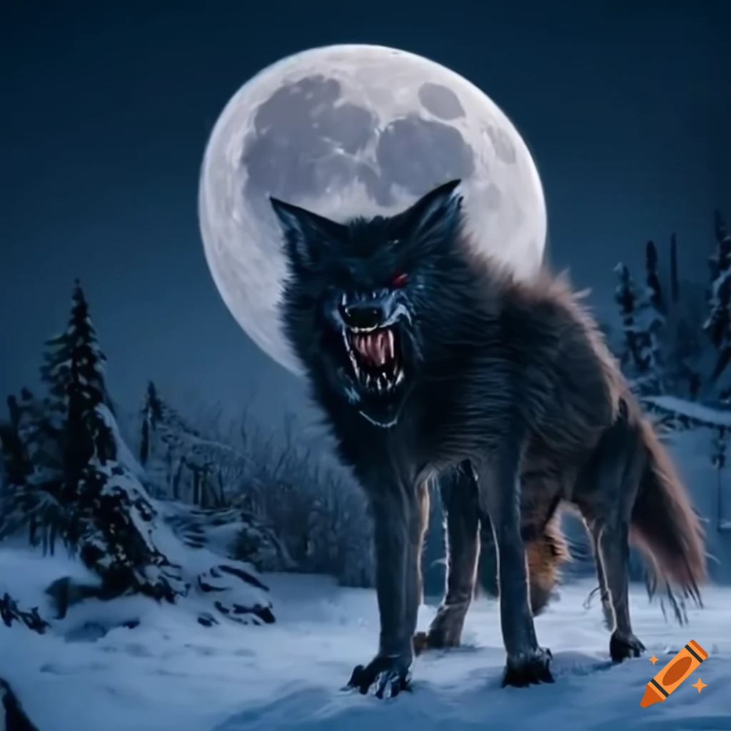 Werewolf howling at the full moon in a snowy winter scene on Craiyon