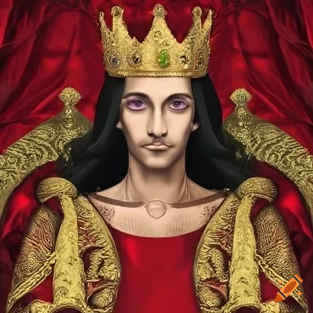 Portrait of a young king with purple eyes and black hair sitting on a ...