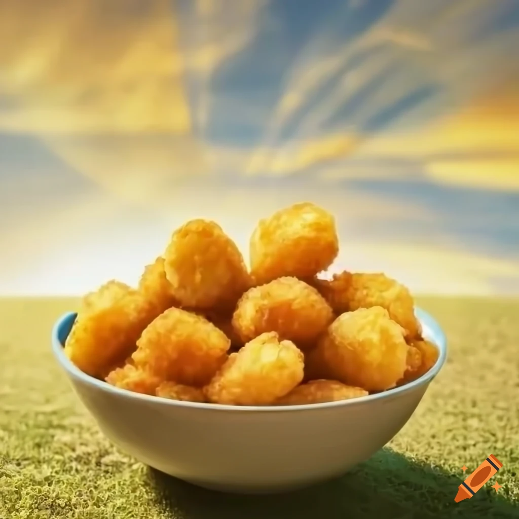 Golden crispy potato tots on a hill with sunshine in the background on ...