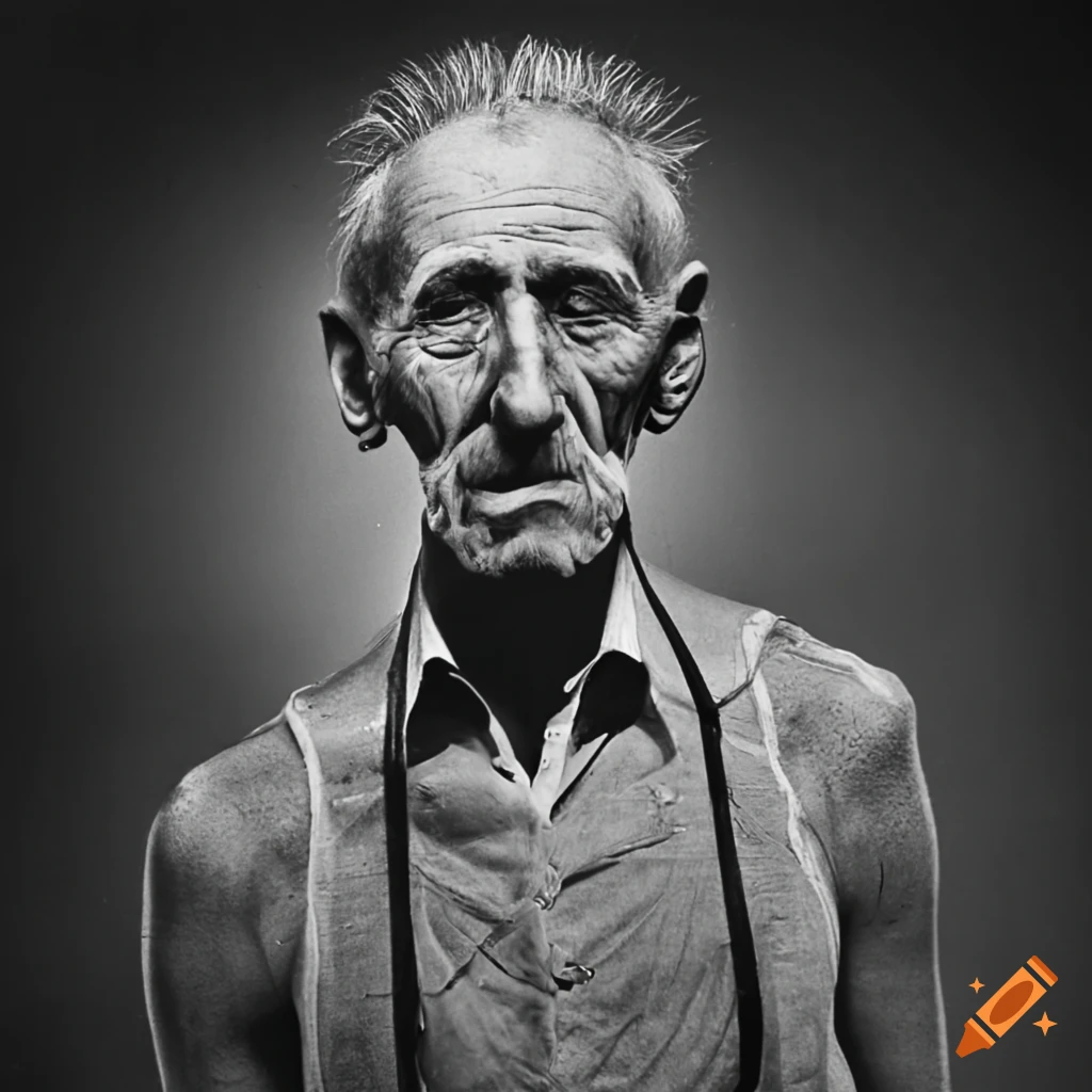 Black and white surrealist image from a 1920s film with a skinny old ...