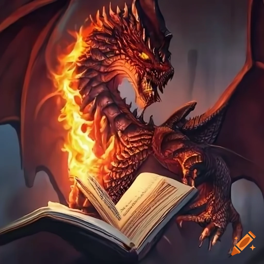 Highly detailed dragon reading a book surrounded by magical fire on Craiyon
