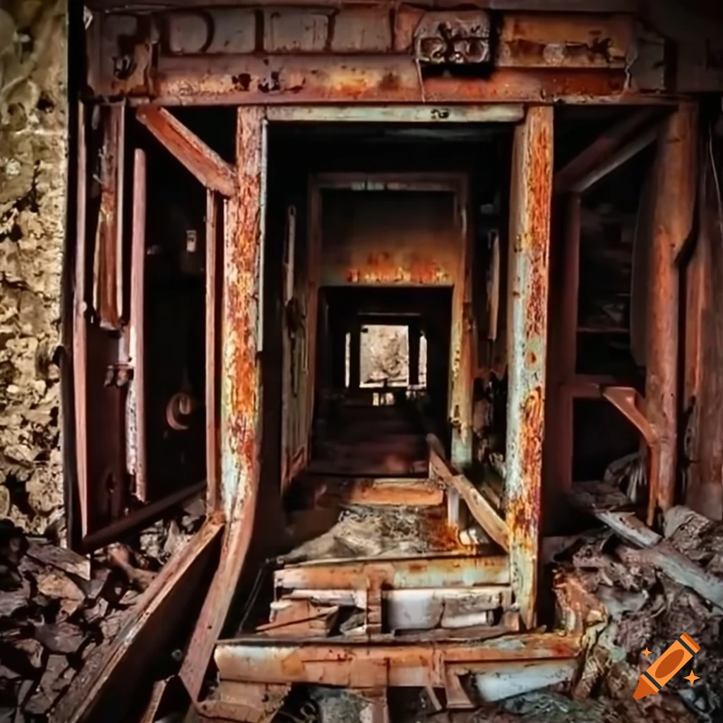 Rusty elevator in an abandoned mine on Craiyon
