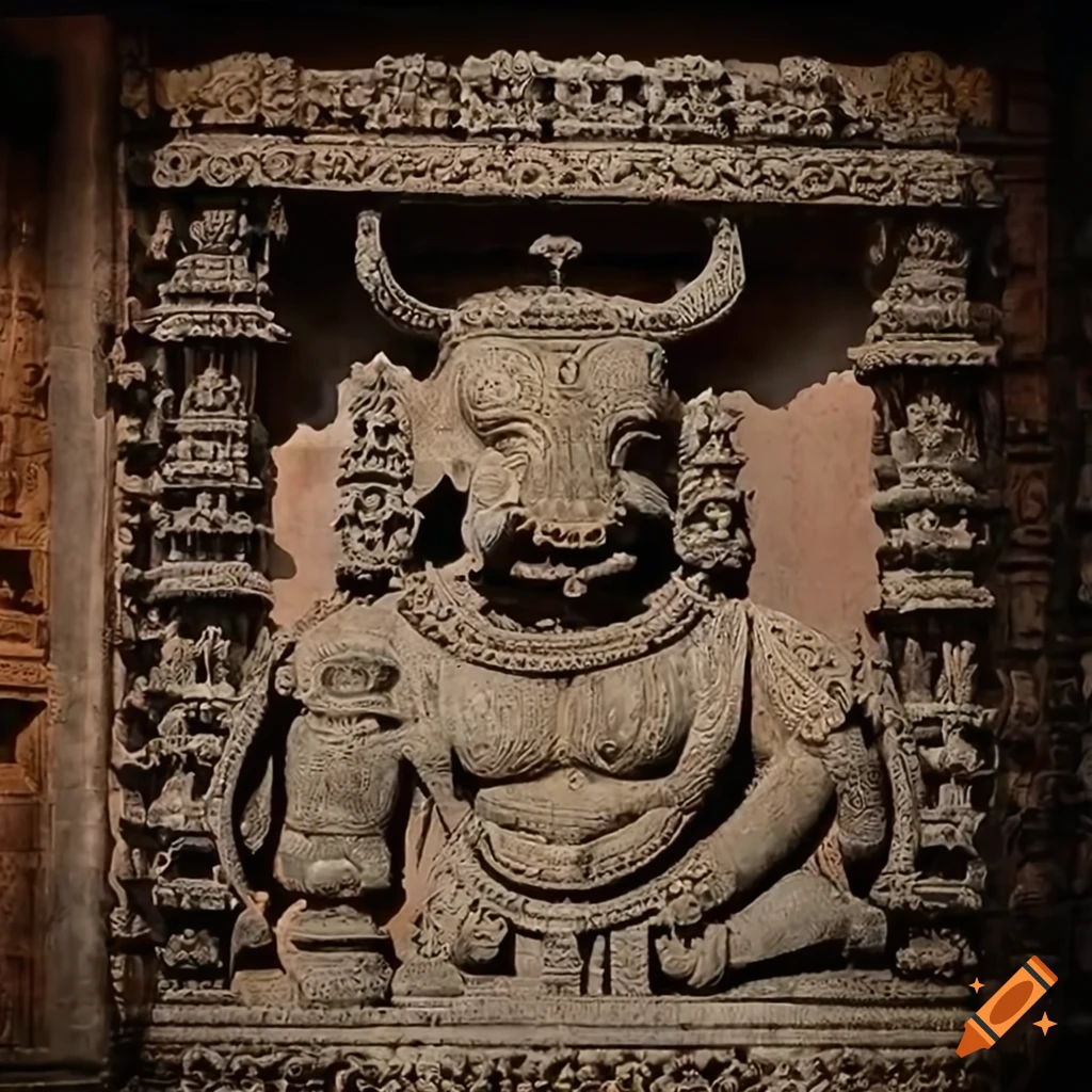 Intricate stone carving of a bull and an elephant blended into one in ...