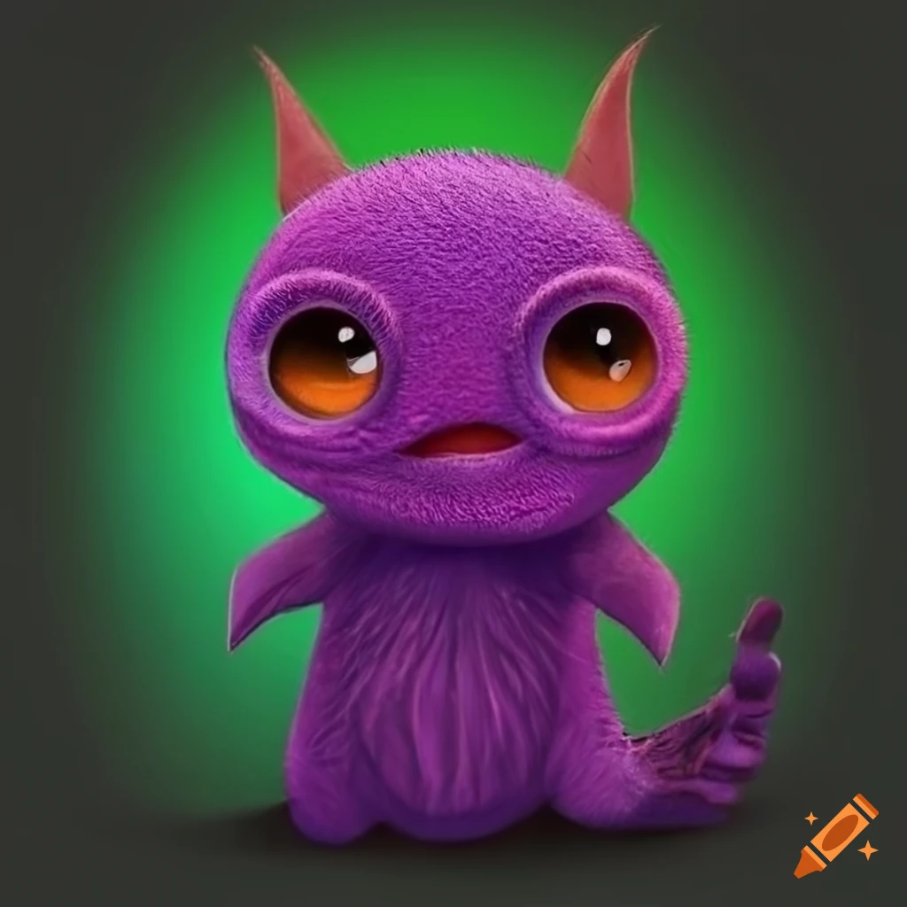 Portrait of a cute little monster in dark red, dark green, purple, and ...