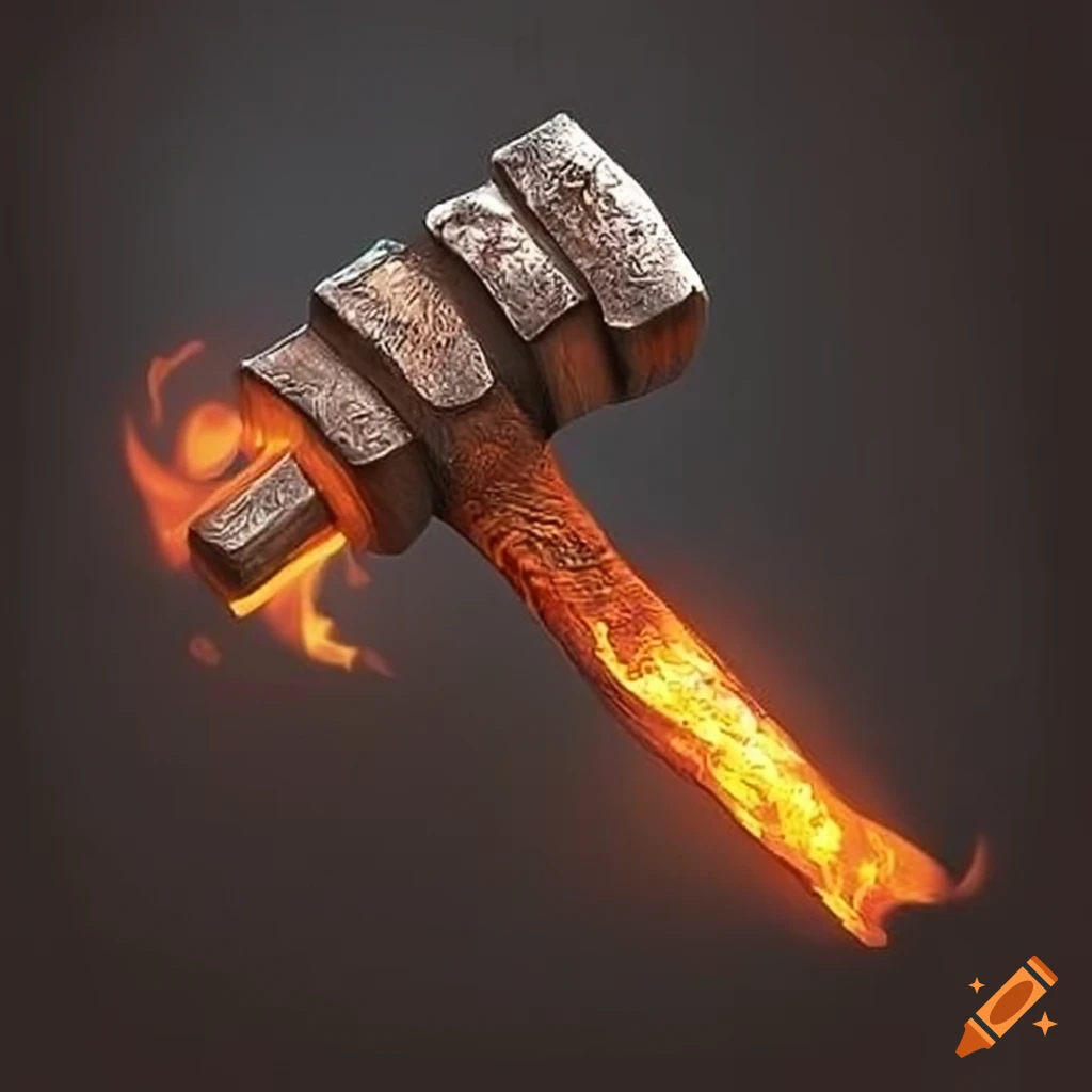 Metal hammer being forged in fire on Craiyon