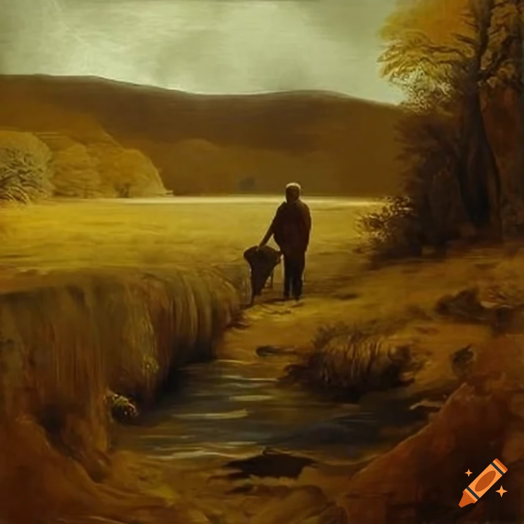 Realistic Andrew Wyeth style landscape with a farmer tending to his ...