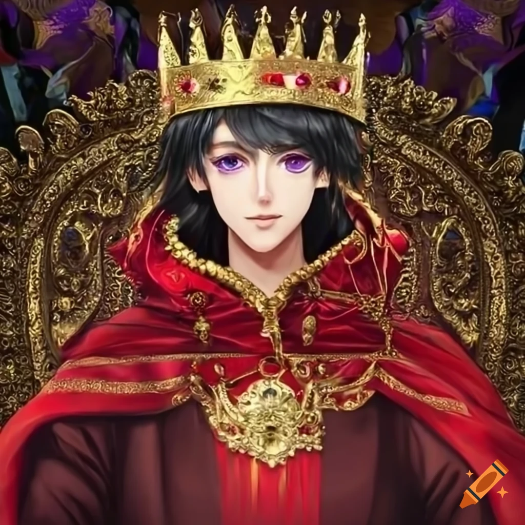 Handsome king with purple eyes and black hair sitting on a golden ...