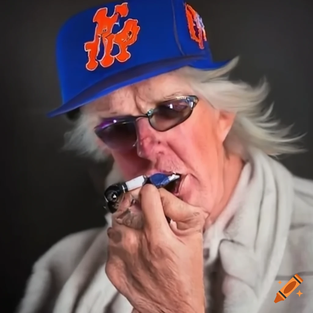 Gary Busey with New York Mets hat walking his pug dog on Craiyon