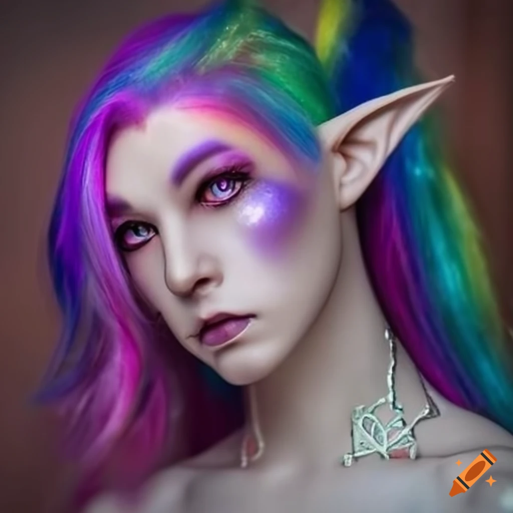 Androgynous fantasy high elf with rainbow hair and purple eyes on Craiyon