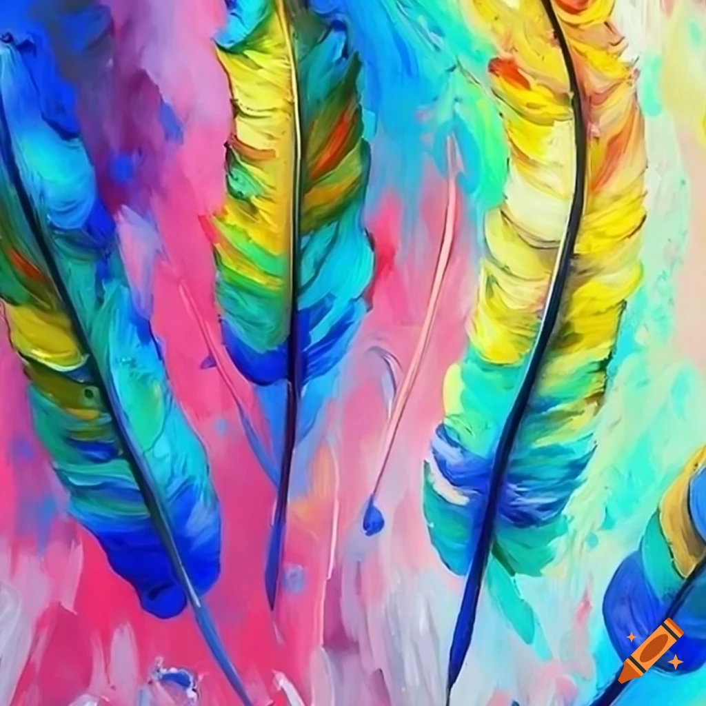 Colorful feathers floating in impressionist painting on Craiyon