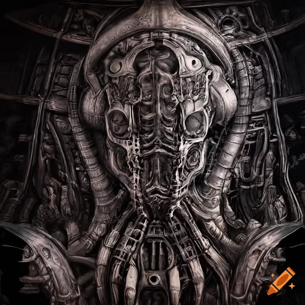 Sci-fi illustration of biomechanical environment by h.r. giger on Craiyon