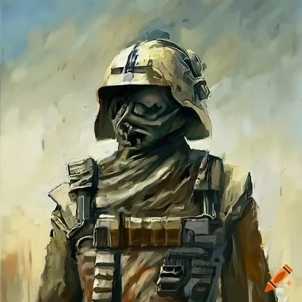 Retro futuristic soldier in desert camouflage in a post apocalyptic ...