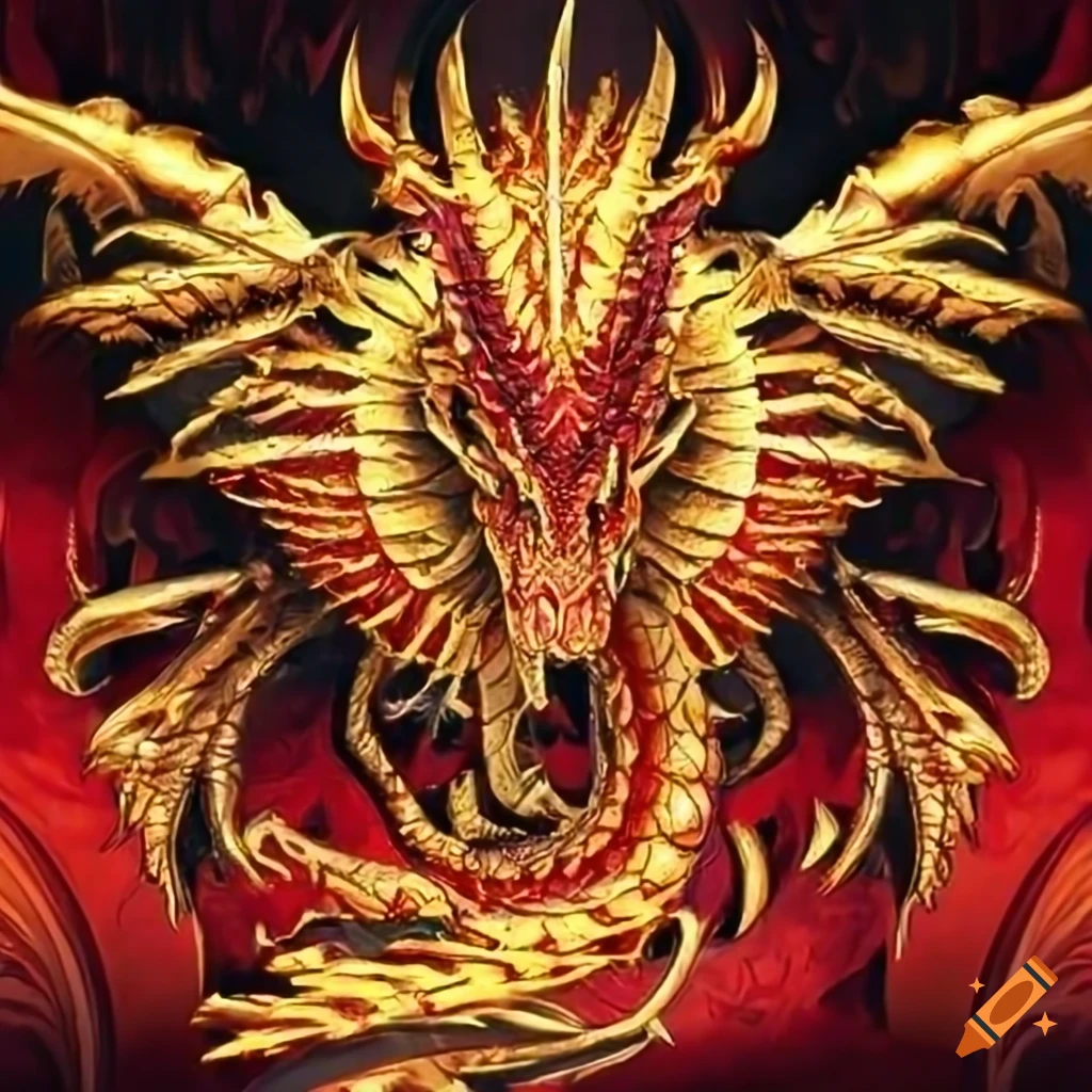 Fierce red and gold dragon with spread wings on Craiyon