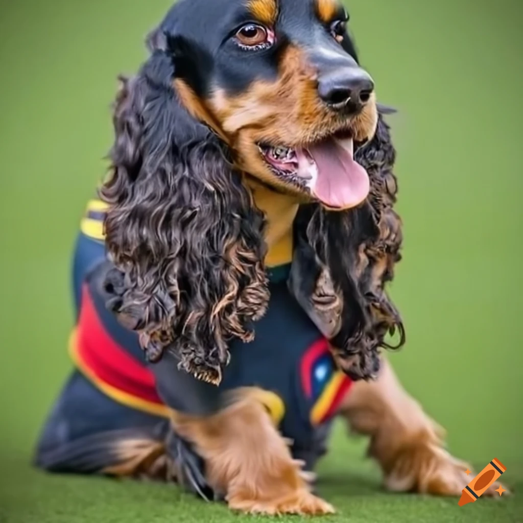 Black and Tan Cocker spaniel wearing an Adelaide Crows top on an AFL ...