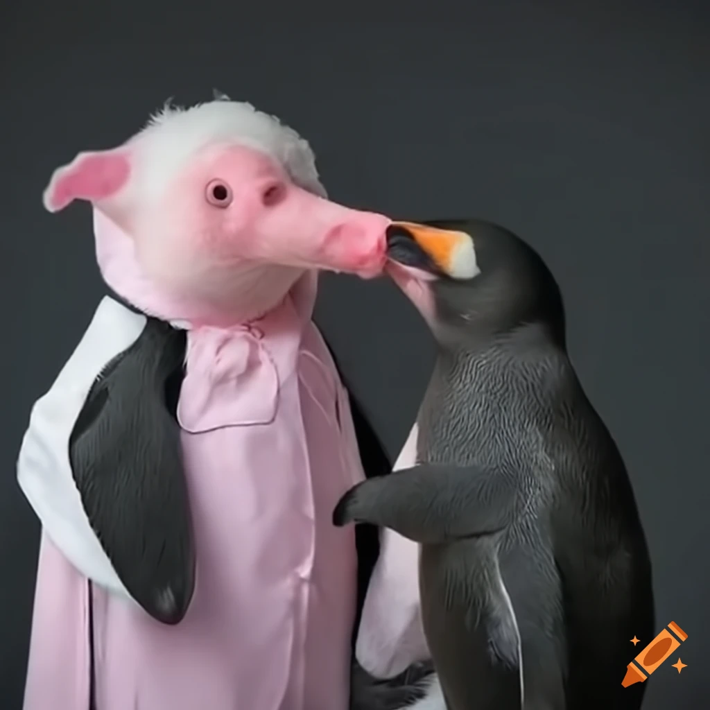 Penguin dressed as a doctor kissing a pig on Craiyon