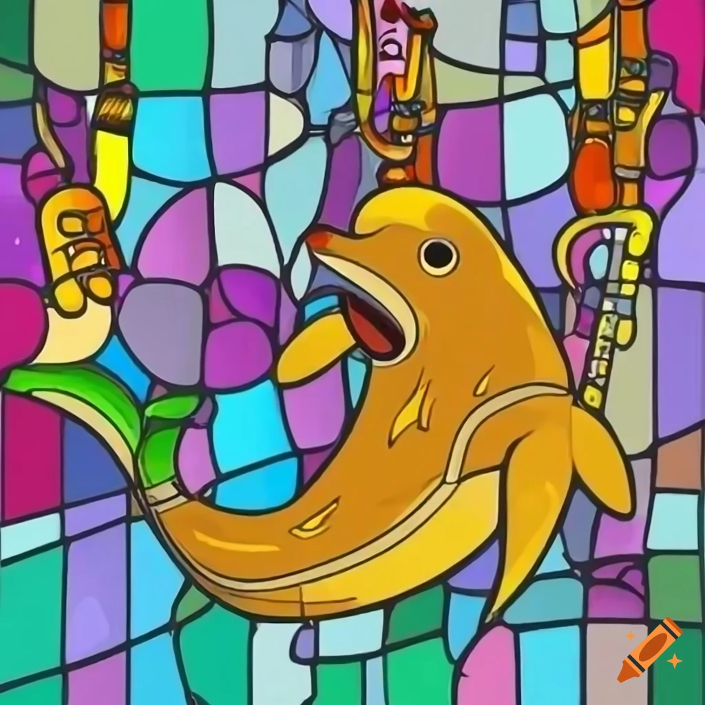 Colorful stained glass window with dolphin, musical instruments, and ...