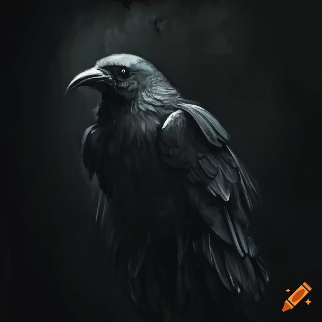 Dark romantic painting of raven with visible canvas texture and brush ...