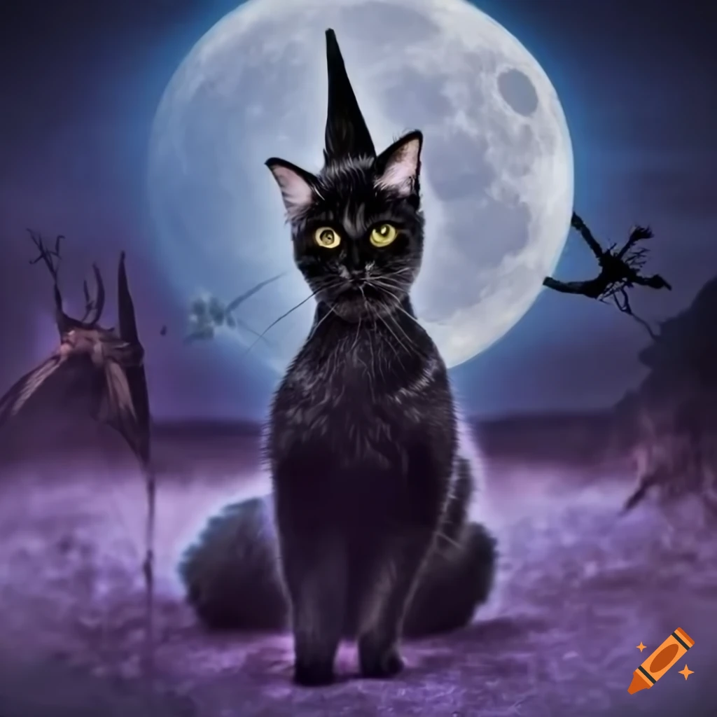 Black cat sitting on a full moon with a witch in the background in an ...