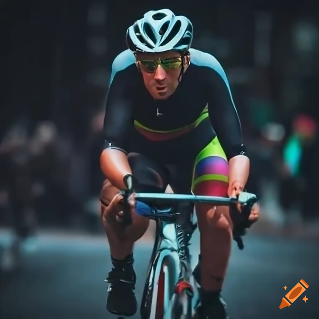 Inspiring cyclist motivating a crowd at a community event on Craiyon