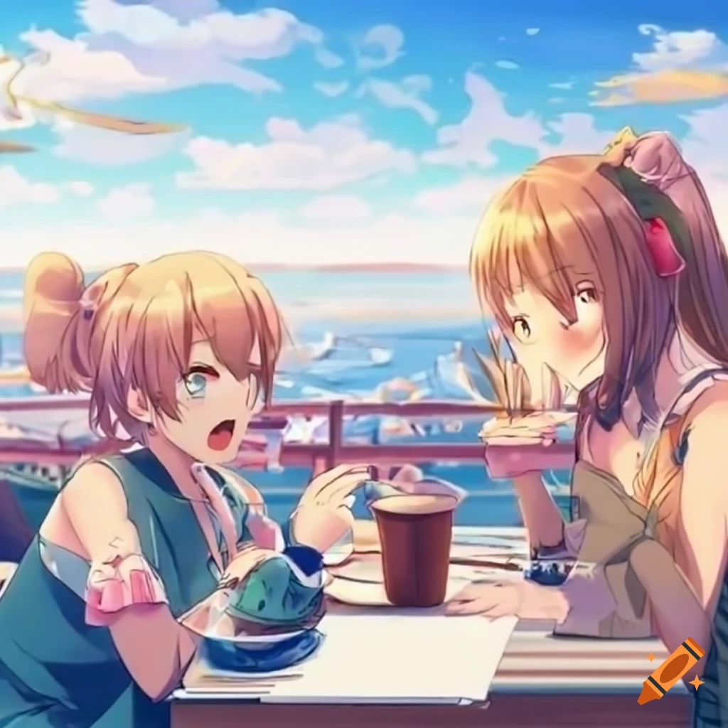 Cheerful anime girls at a crowded terrace table with a harbor backdrop ...