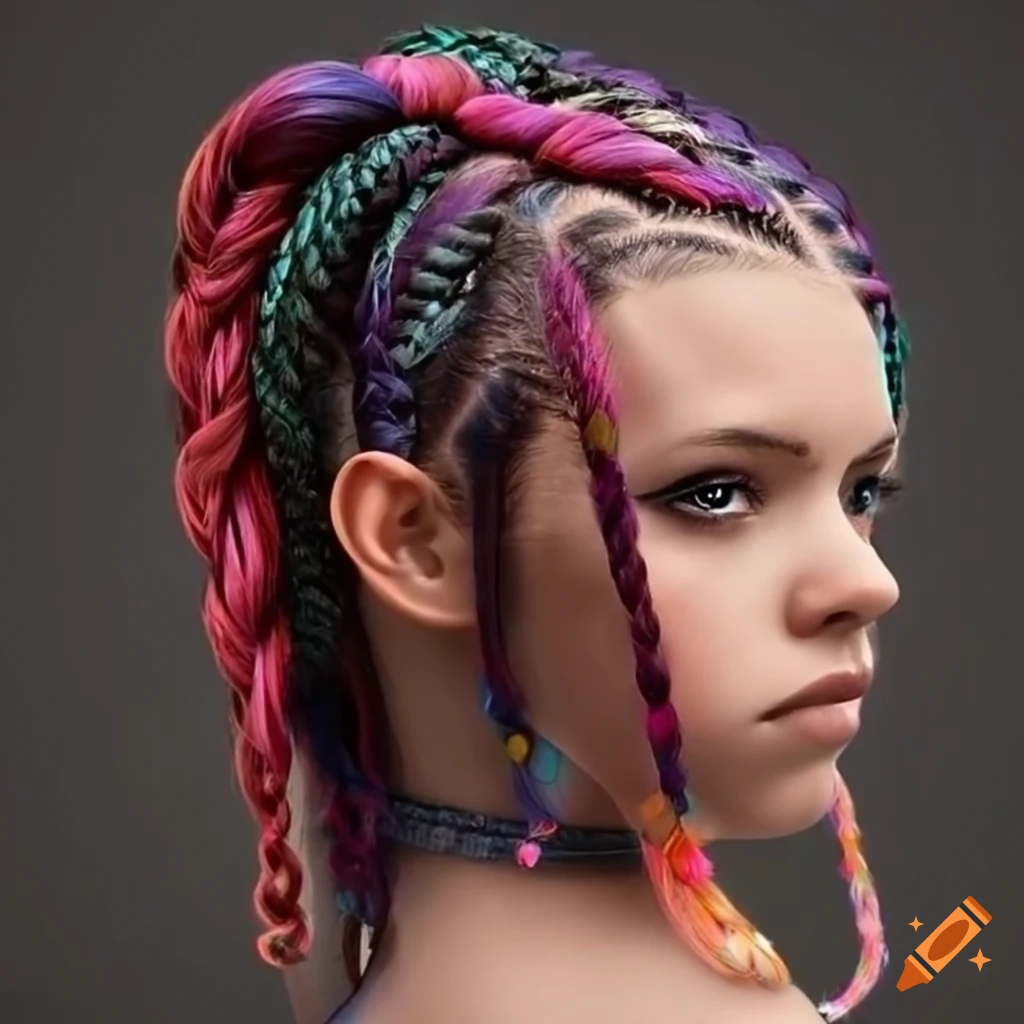 Front view of colorful hair with braids on Craiyon