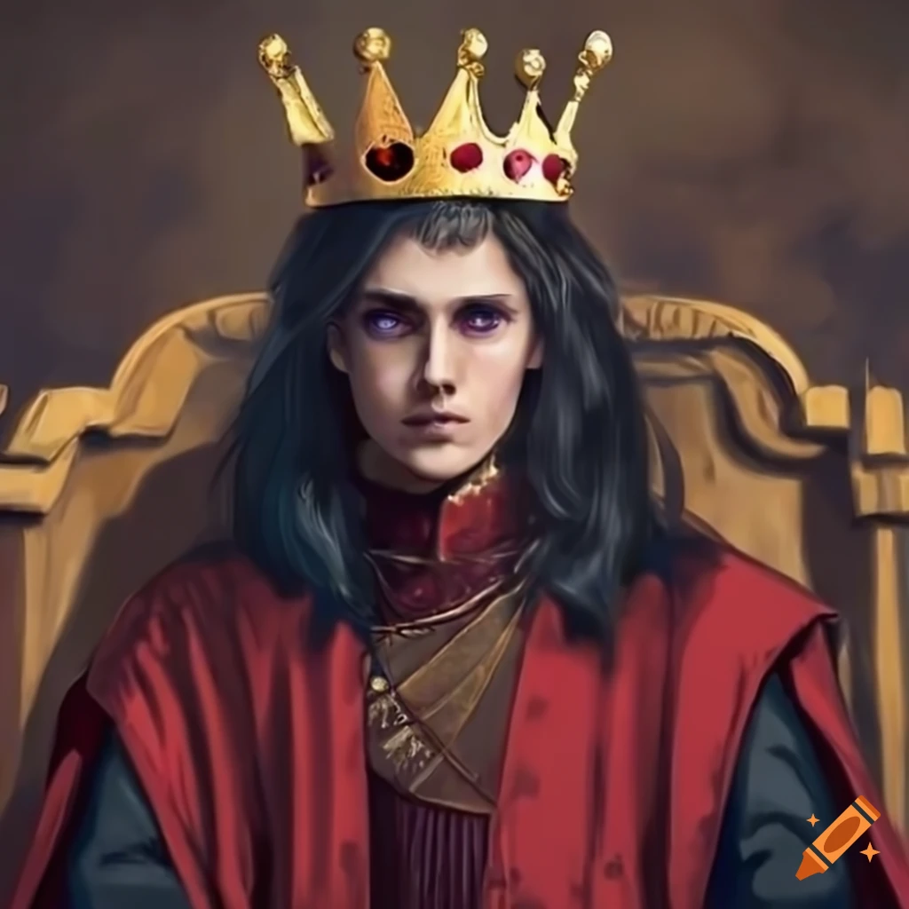Young handsome king in a red robe with gold crown sitting with ...
