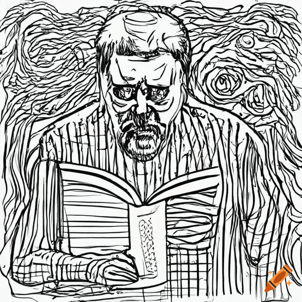 Black and white drawing of a man looking scared into a book on Craiyon