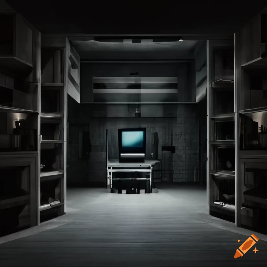 Dark and gloomy brutalist rooms with a giant computer on Craiyon