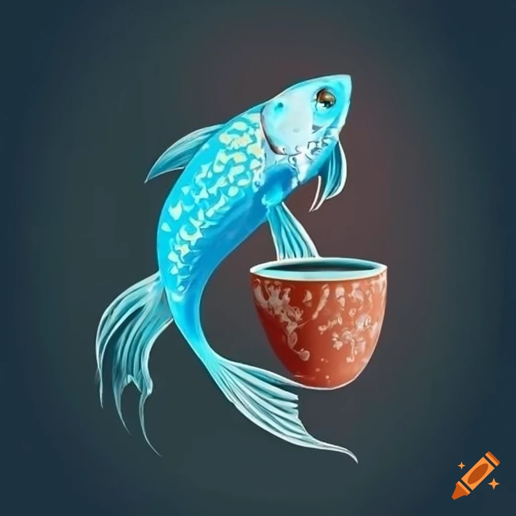 Koi fish jumping out of a coffee cup with koi kafe logo on Craiyon