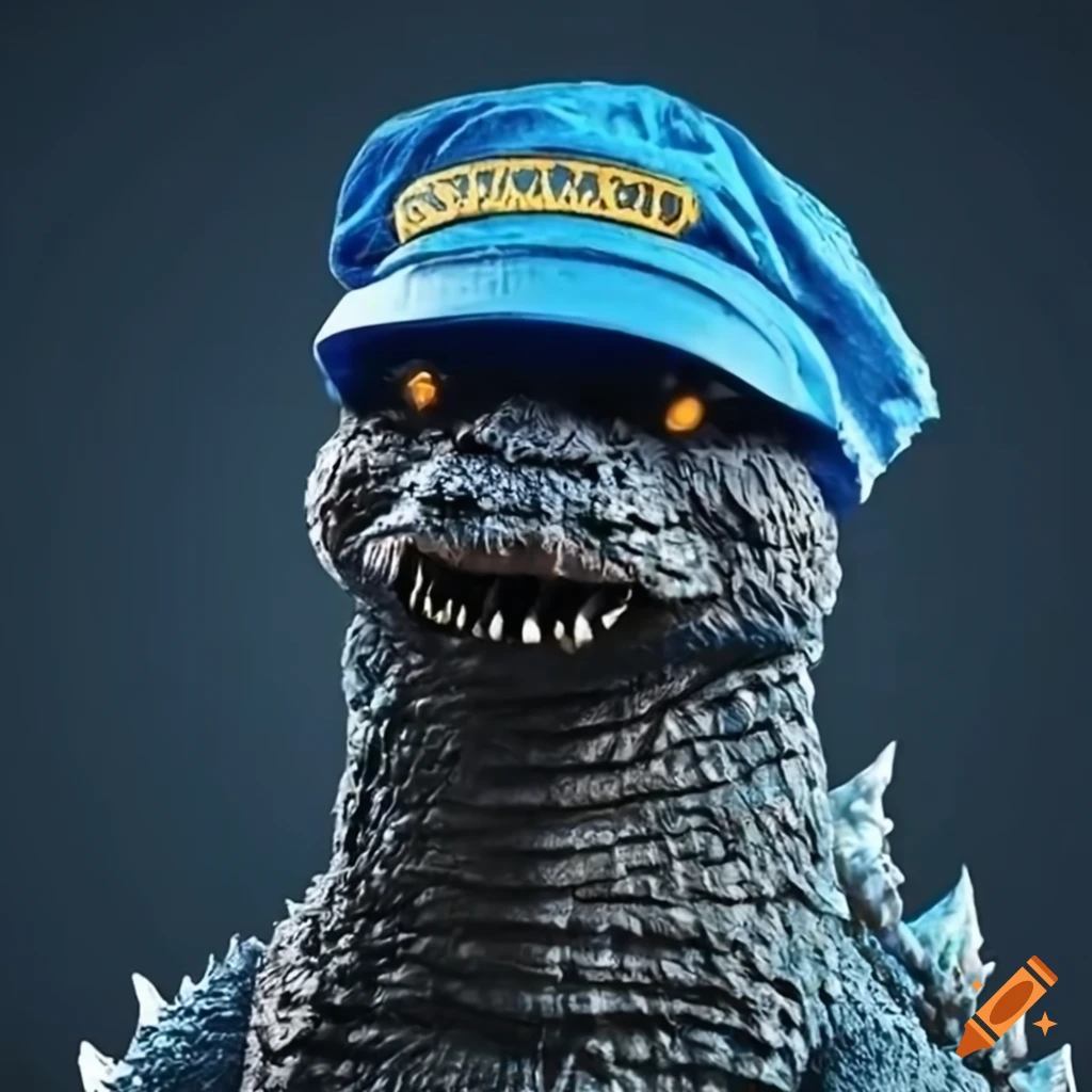 Godzilla with a blue bus driver hat on Craiyon