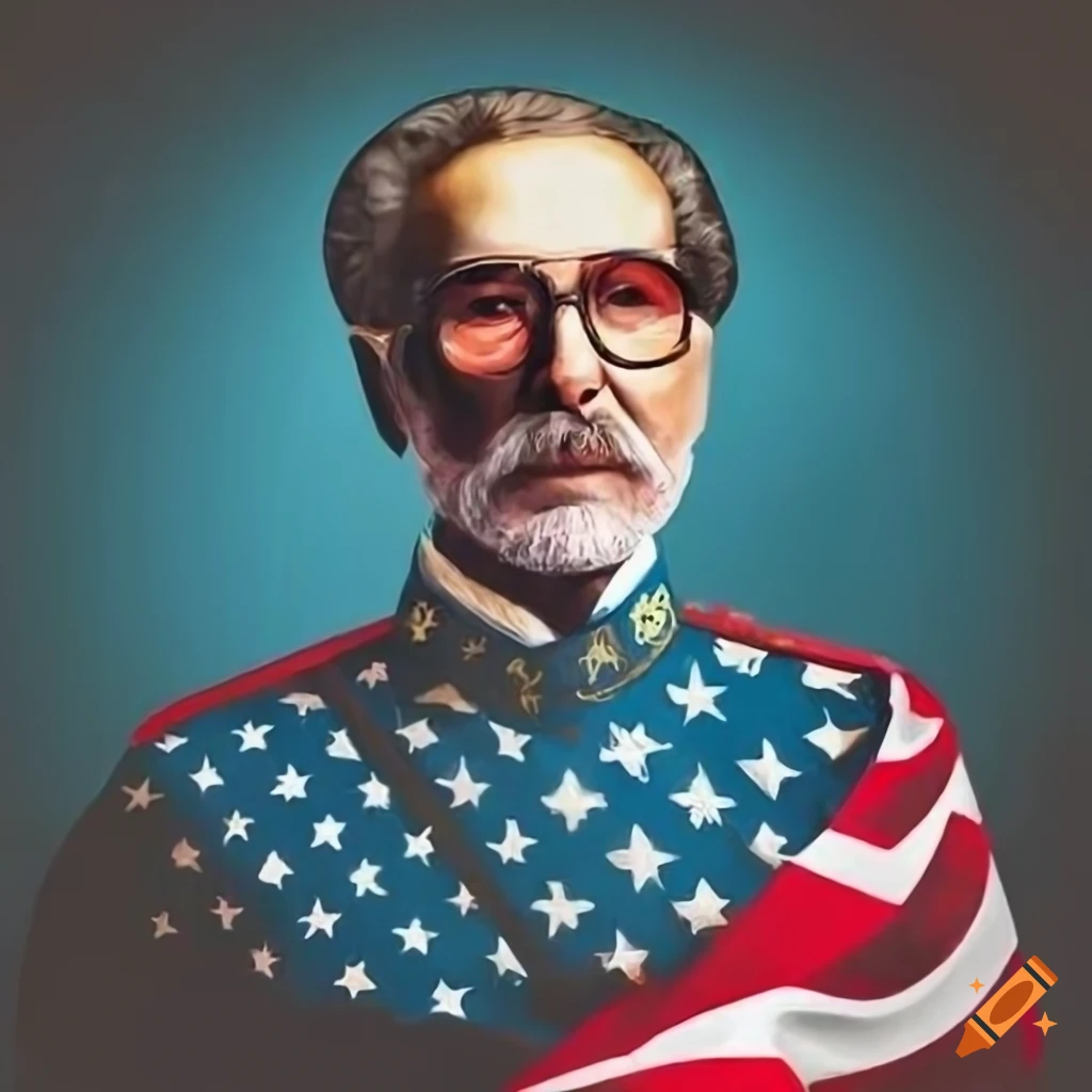 Portrait of a dictator in front of the american flag on Craiyon