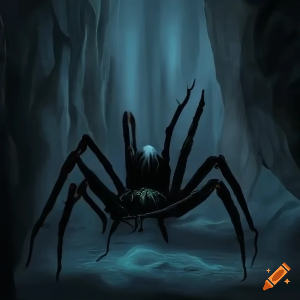 Detailed realistic art of a giant black spider in a dark cave with a ...