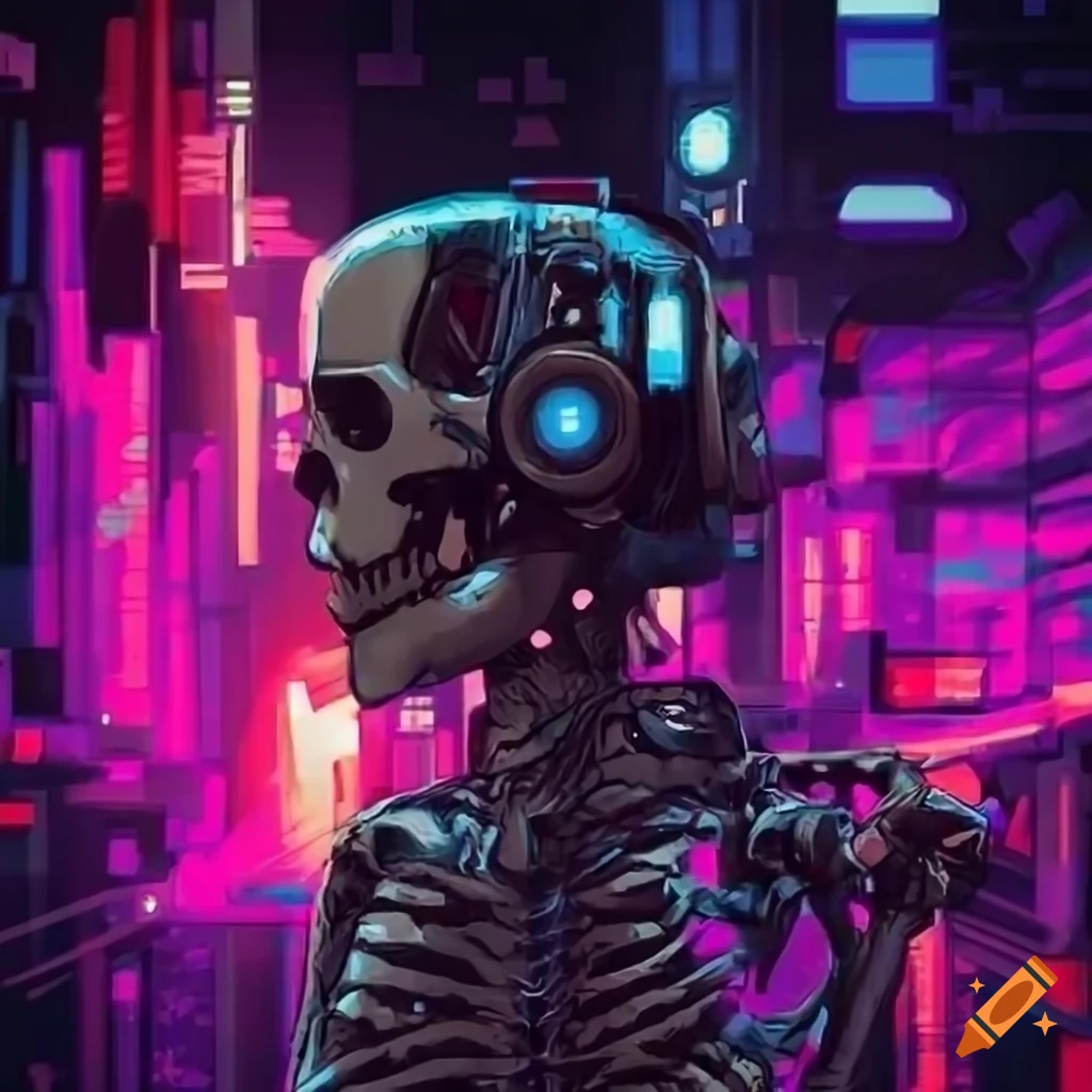 Cyber punk skeleton in a futuristic background on Craiyon