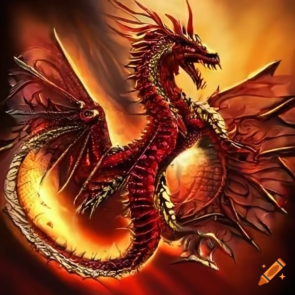 Fierce red and gold dragon with spread wings on Craiyon