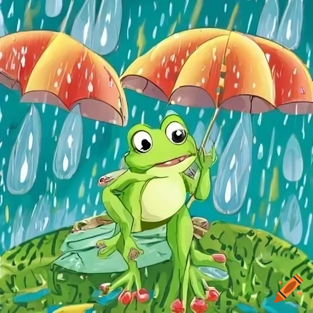 Cartoon frog in the rain on Craiyon