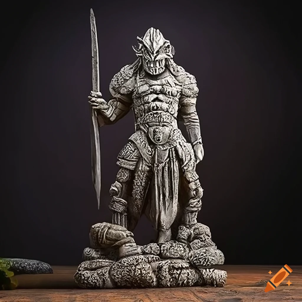 Ancient stone warrior statue in a fantasy setting on Craiyon