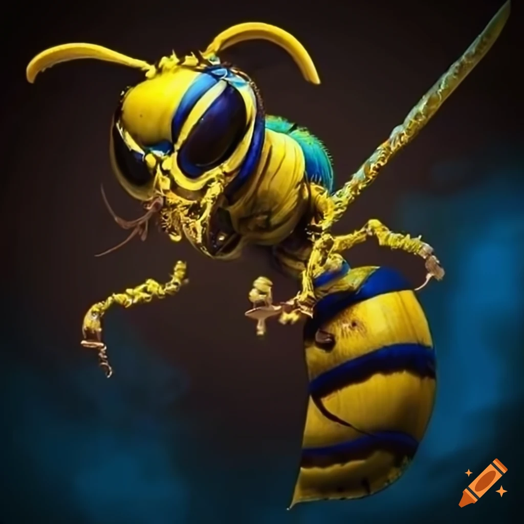 Steampunk hornet in yellow and blue colors on Craiyon