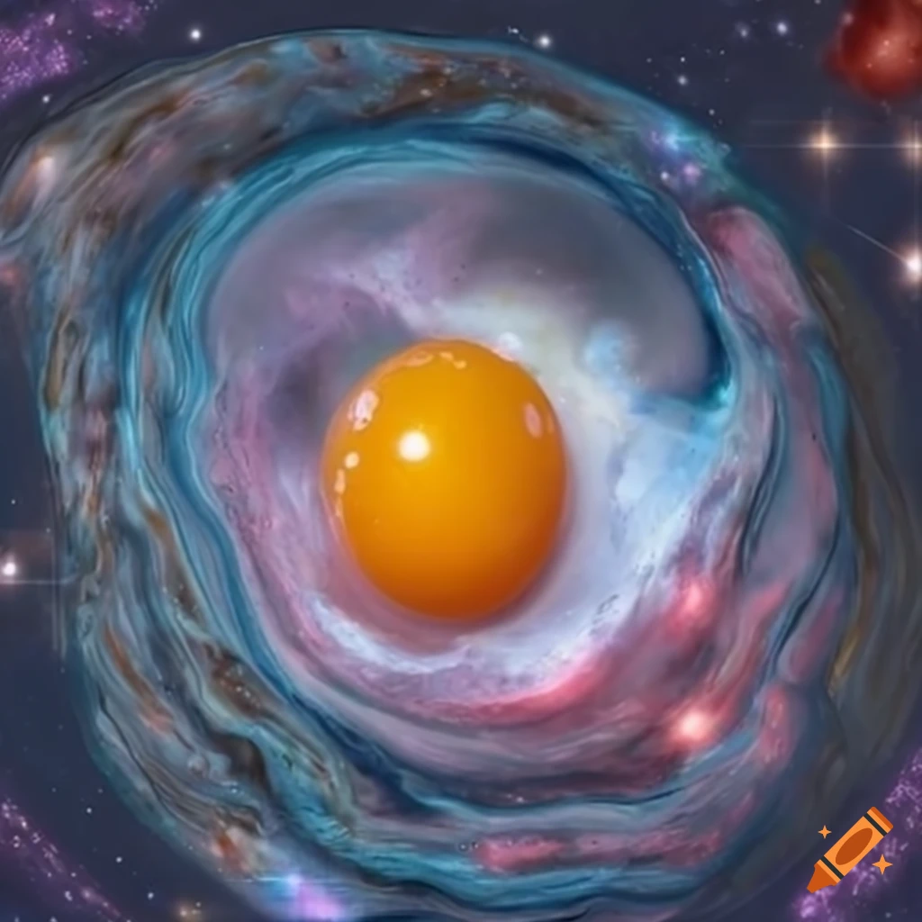 Fried egg floating in space surrounded by swirling galaxies and stars ...