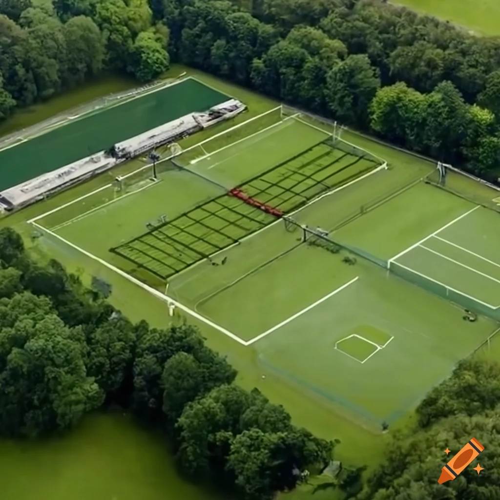 Aerial view of a modern sports complex with football, cricket, and ...