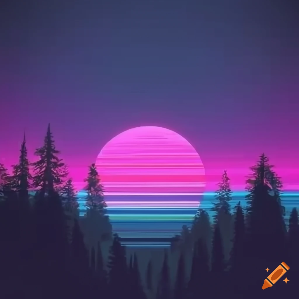 Outrun-themed moon over a mixed forest in synthwave style on Craiyon