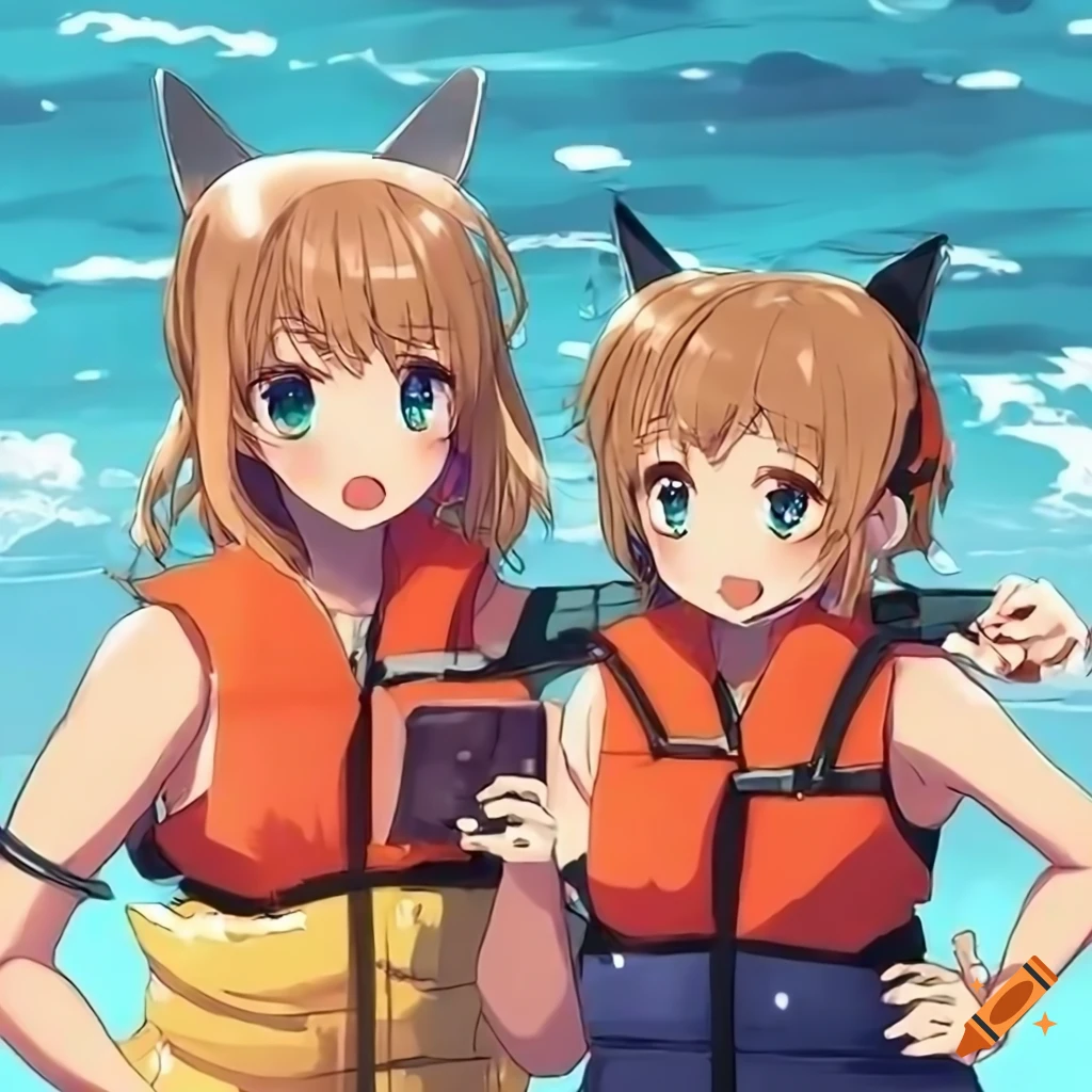 Two anime girls in life vests taking a picture on Craiyon