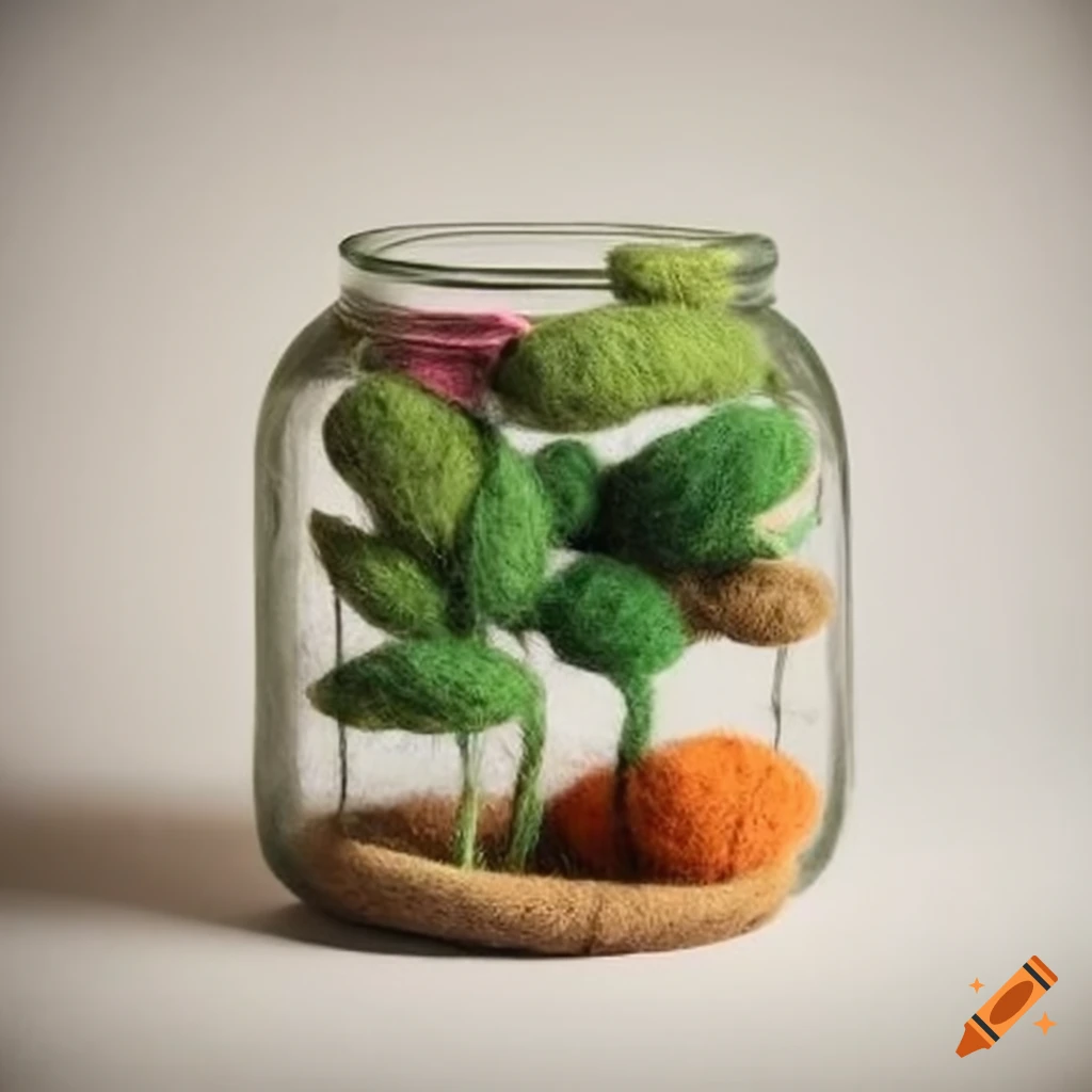 Wool felted plant ecosystem in a glass jar on Craiyon