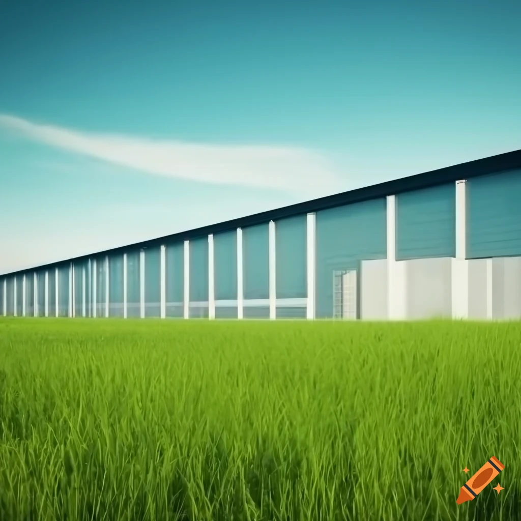 Side view of a modern warehouse with blue sky and green grass on Craiyon