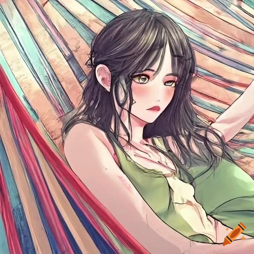 Young woman relaxing in a hammock with a contemplative expression on ...