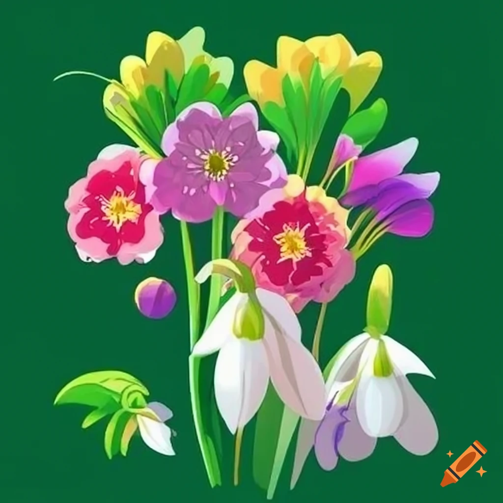 Snowdrop, lily of the valley, and primrose flowers on Craiyon